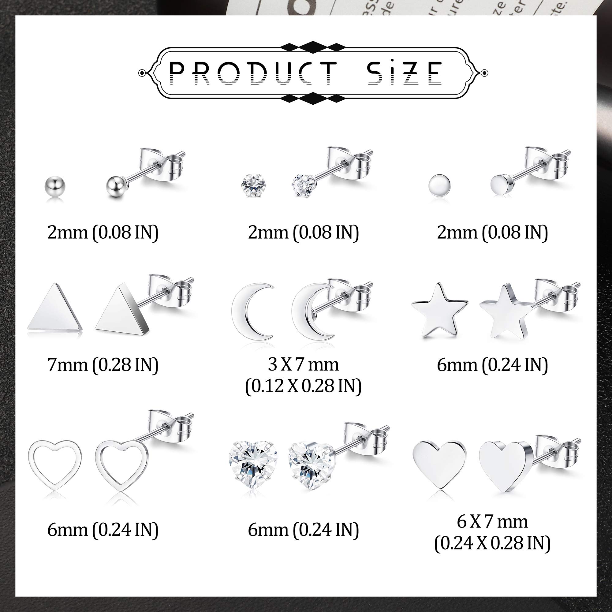 Magitaco 9 Pairs Stud Earrings Surgical Steel Dainty Small Heart Moon and Star Earrings Minimalist Geometric CZ Silver Ball and Triangle Earrings Sets for Women Men