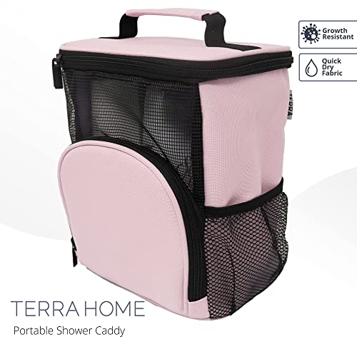 TERRA HOME College Dorm Room Essentials for Girls - Shower Caddy Dorm - Portable, Durable, Roomy, Foldable Water Resistant Shower Bag in Light Pink with Metal Hook for Hanging (Blush Pink)