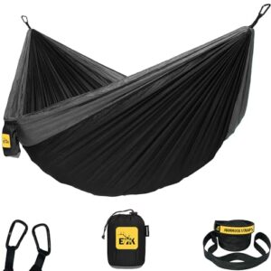 elk single hammock with tree straps - lightweight parachute nylon for outdoor adventures (black/gray, single)