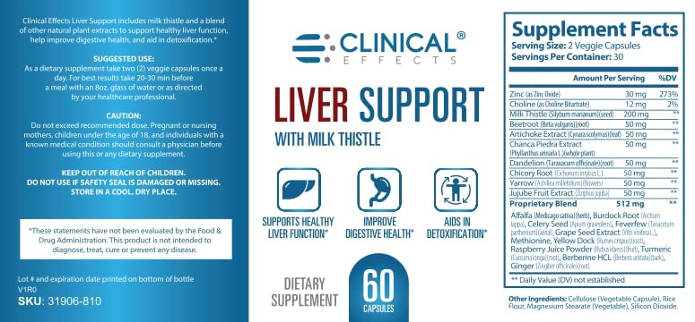 Clinical Effects: Liver Support - Natural Milk Thistle and Zinc Supplement - 60 Veggie Capsules - Helps Detox and Cleanse The Liver - Supports Liver Function and Digestive Health - Made in The USA