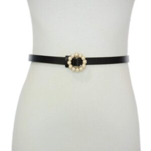 Women's Faux Leather Pearl Round Buckle Slim Waist Belt (Black)