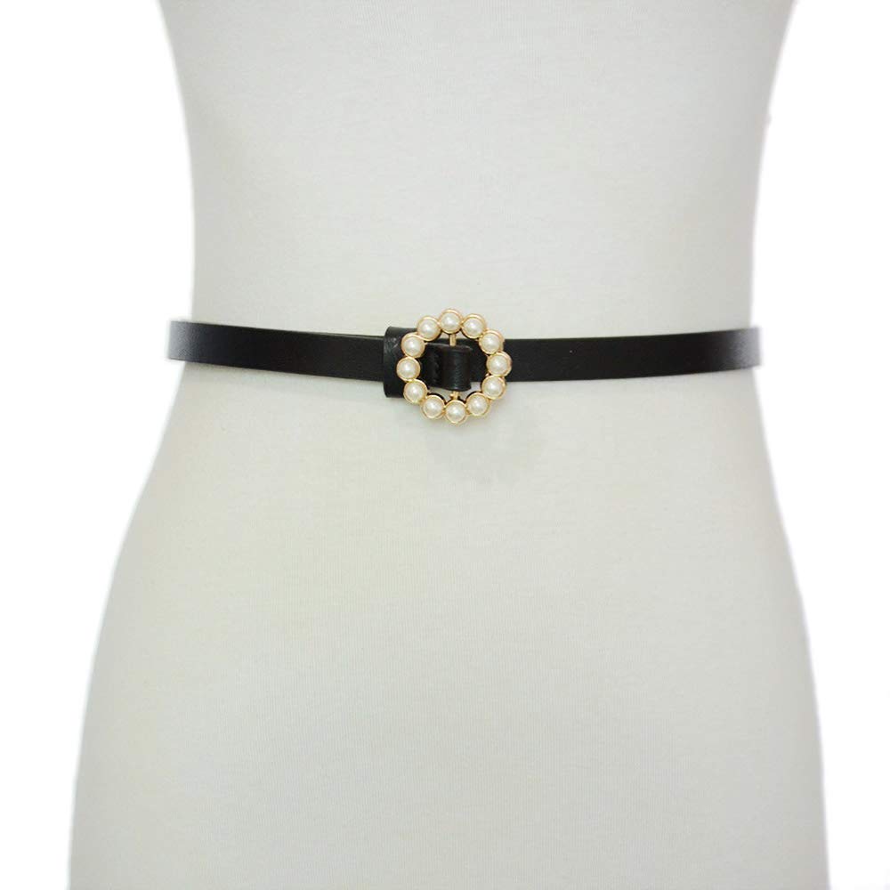 Women's Faux Leather Pearl Round Buckle Slim Waist Belt (Black)