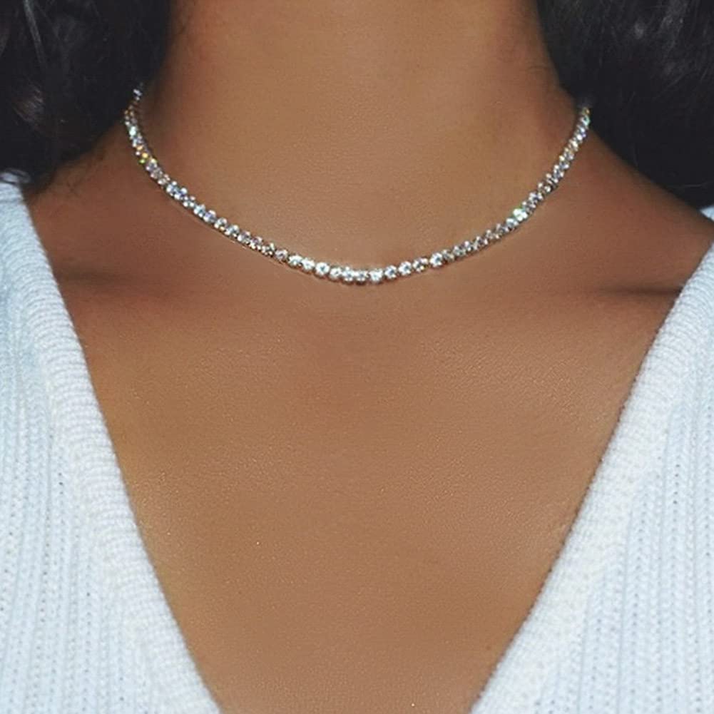 Avanlin Rhinestone Choker Necklaces Silver Plated 1 Layer Necklace Chain Jewelry for Women