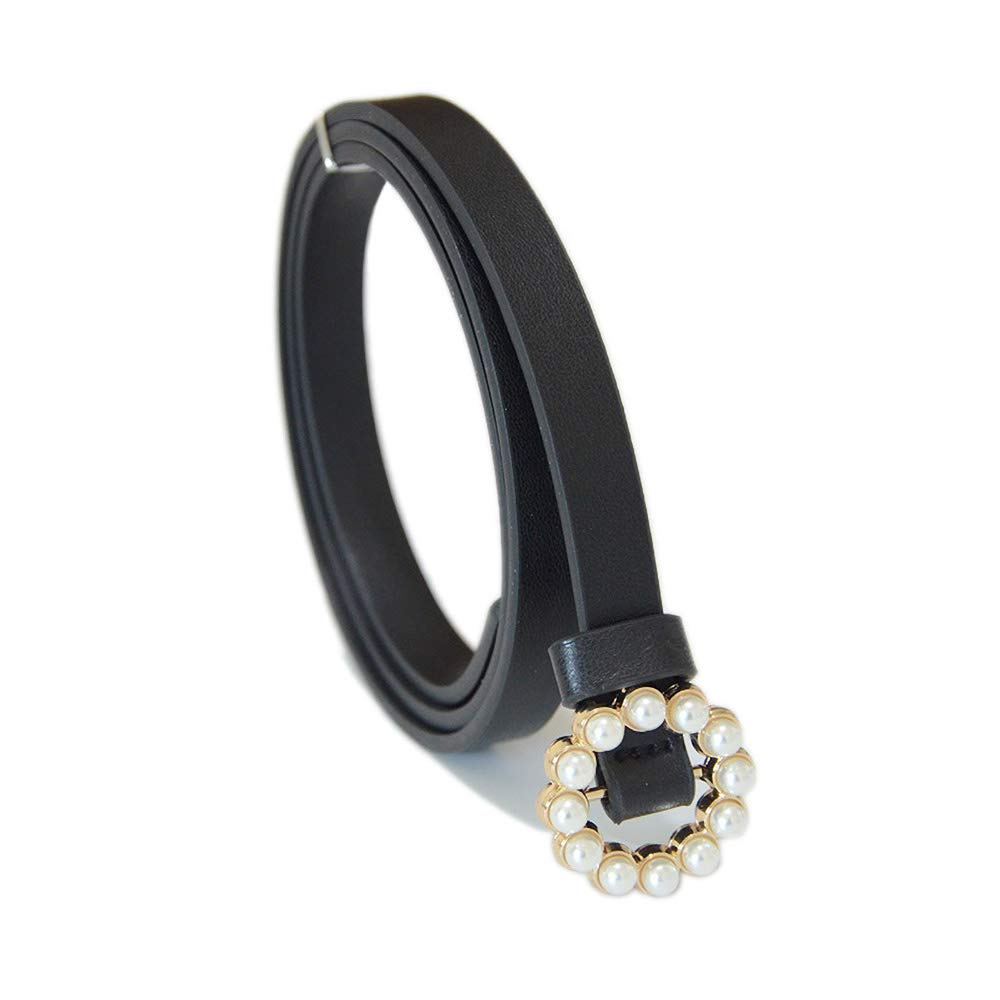 Women's Faux Leather Pearl Round Buckle Slim Waist Belt (Black)