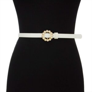 Women's Faux Leather Pearl Round Buckle Slim Waist Belt (Black)