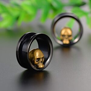 COOEAR 1 Pair Ear Gauges Piercing Black Ear Tunnels Skull Plugs Stainless Steel Screw Earrings.