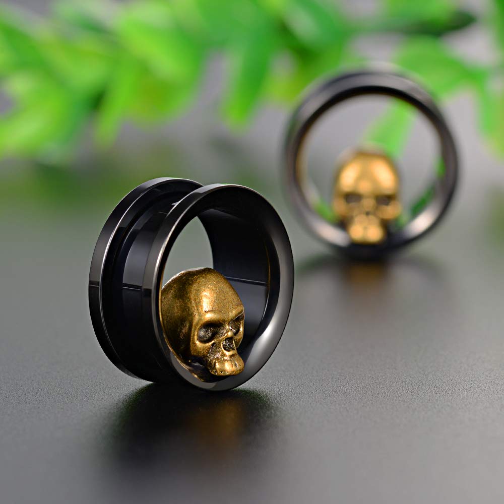 COOEAR 1 Pair Ear Gauges Piercing Black Ear Tunnels Skull Plugs Stainless Steel Screw Earrings.