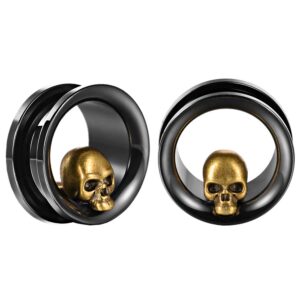 cooear 1 pair ear gauges piercing black ear tunnels skull plugs stainless steel screw earrings.