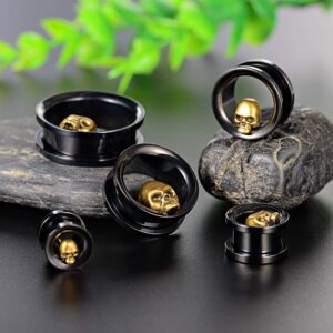 COOEAR 1 Pair Ear Gauges Piercing Black Ear Tunnels Skull Plugs Stainless Steel Screw Earrings.