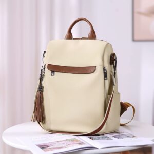 Telena Backpack Purse for Women, PU Leather Anti Theft Travel Backpack Purse Shoulder Bags with Tassel Contrast Creamy White