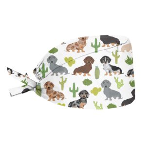 joylamoria lovely dachshund and cactus print adjustable cap with sweatband, tie back hat hair covering cap for men women