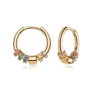 myears women bali hoop earrings gold huggie raibow diamond cubic zirconia 14k gold filled small simple handmade hypoallergenic everyday jewelry