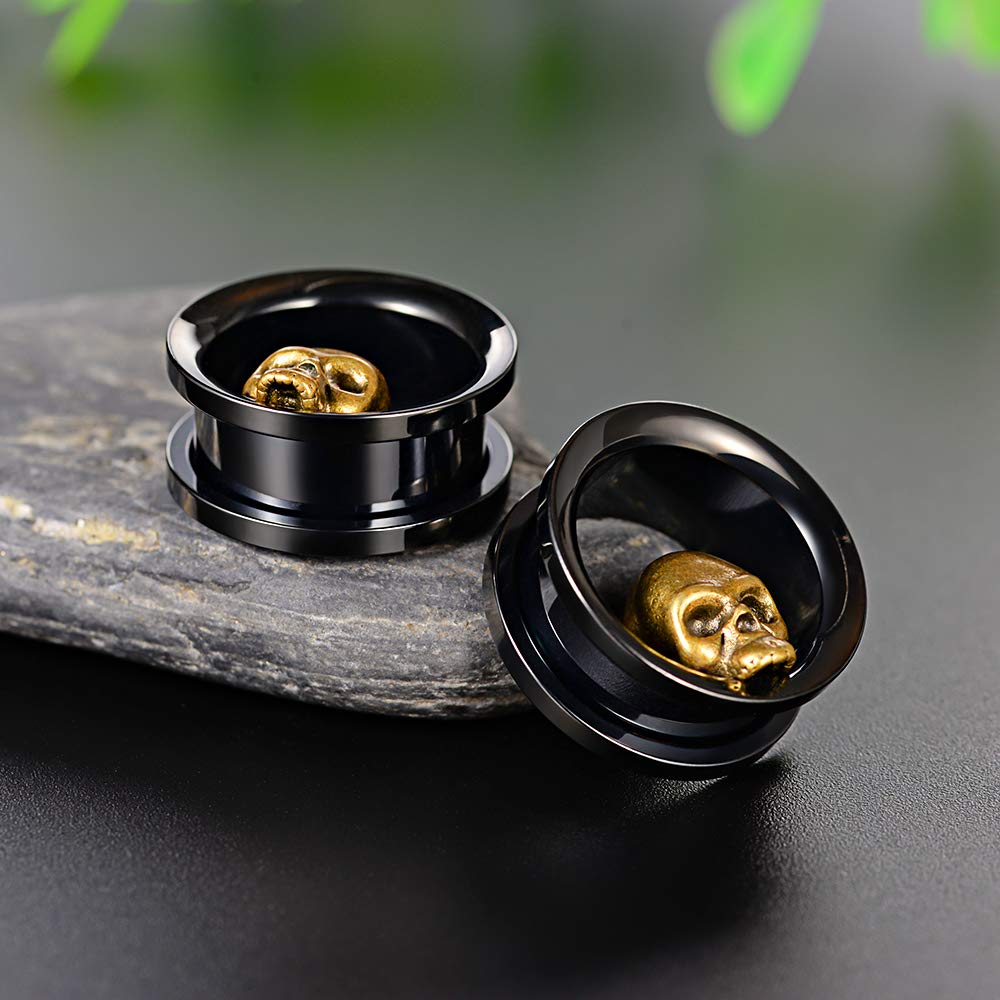 COOEAR 1 Pair Ear Gauges Piercing Black Ear Tunnels Skull Plugs Stainless Steel Screw Earrings.