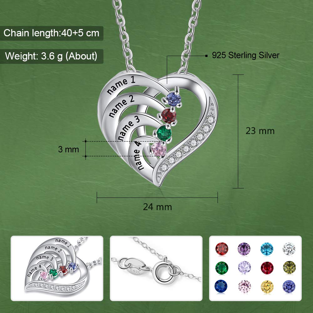 925 Sterling Silver Mother Necklace with 3-4 Simulated Birthstones Personalized Women's Promise Necklace Engraved Names Family Anniversary Jewelry for Grandma (4 Stones)