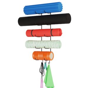 wallniture guru foam roller & yoga mat holder wall mount with 3 hooks for hanging yoga strap, resistance bands, 5-sectional metal (black)