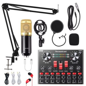 alpowl podcast equipment bundle, bm800 condenser microphone bundle with live sound card, adjustable mic stand, metal shock mount and double-layer pop filter for studio recording (al-v8s)