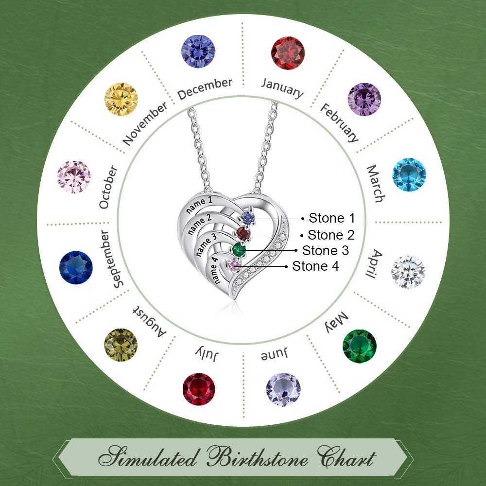 925 Sterling Silver Mother Necklace with 3-4 Simulated Birthstones Personalized Women's Promise Necklace Engraved Names Family Anniversary Jewelry for Grandma (4 Stones)