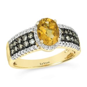 le vian 14k yellow gold oval citrine & 1/2 cttw white/chocolate diamond engagement ring (h-i & fancy brown color, si1-si2 clarity)- size 7