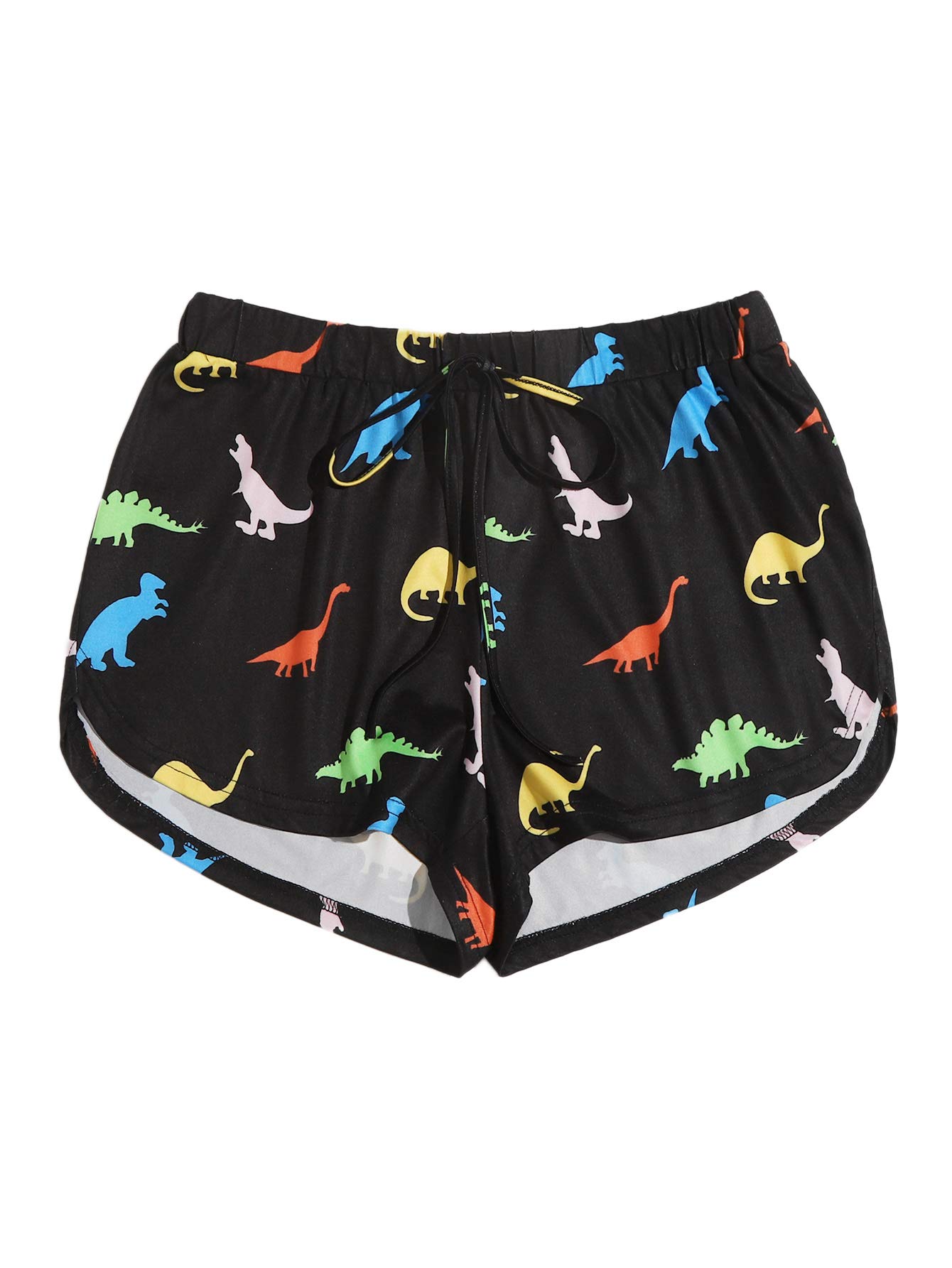 Floerns Women's Cute Dinosaur Print Elastic Drawstring Running Shorts Black S