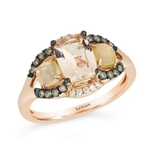 le vian 1/6 carat diamond, morganite and opal split shank ring for women in 14k rose gold (fancy brown/g-h, vs2-si2, cttw) triple stone promise anniversary ring size 7