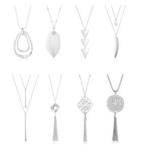 yadoca 8 pcs long pendant necklaces for women y-shaped statement sweater necklace simple bar leaf circle tassel necklace set silver