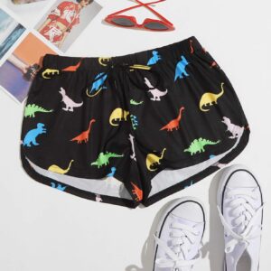 Floerns Women's Cute Dinosaur Print Elastic Drawstring Running Shorts Black S