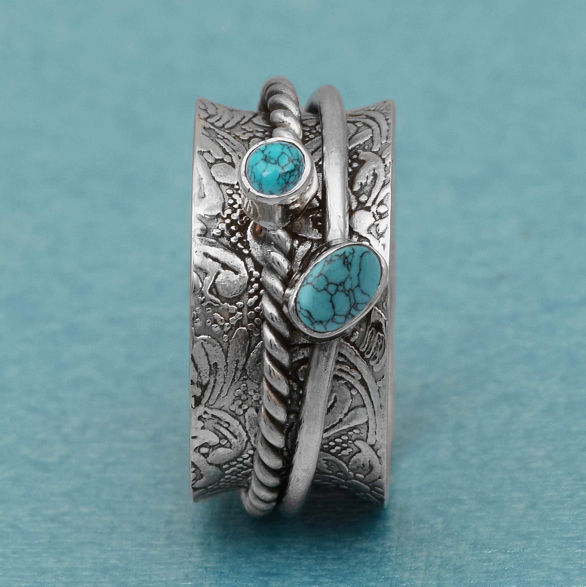 Spinner Ring !! 925 Sterling Silver Blue Turquoise Meditation Ring, Anxiety Ring, Fidget Ring, Anti Stress Ring, Worry Band (6.5)