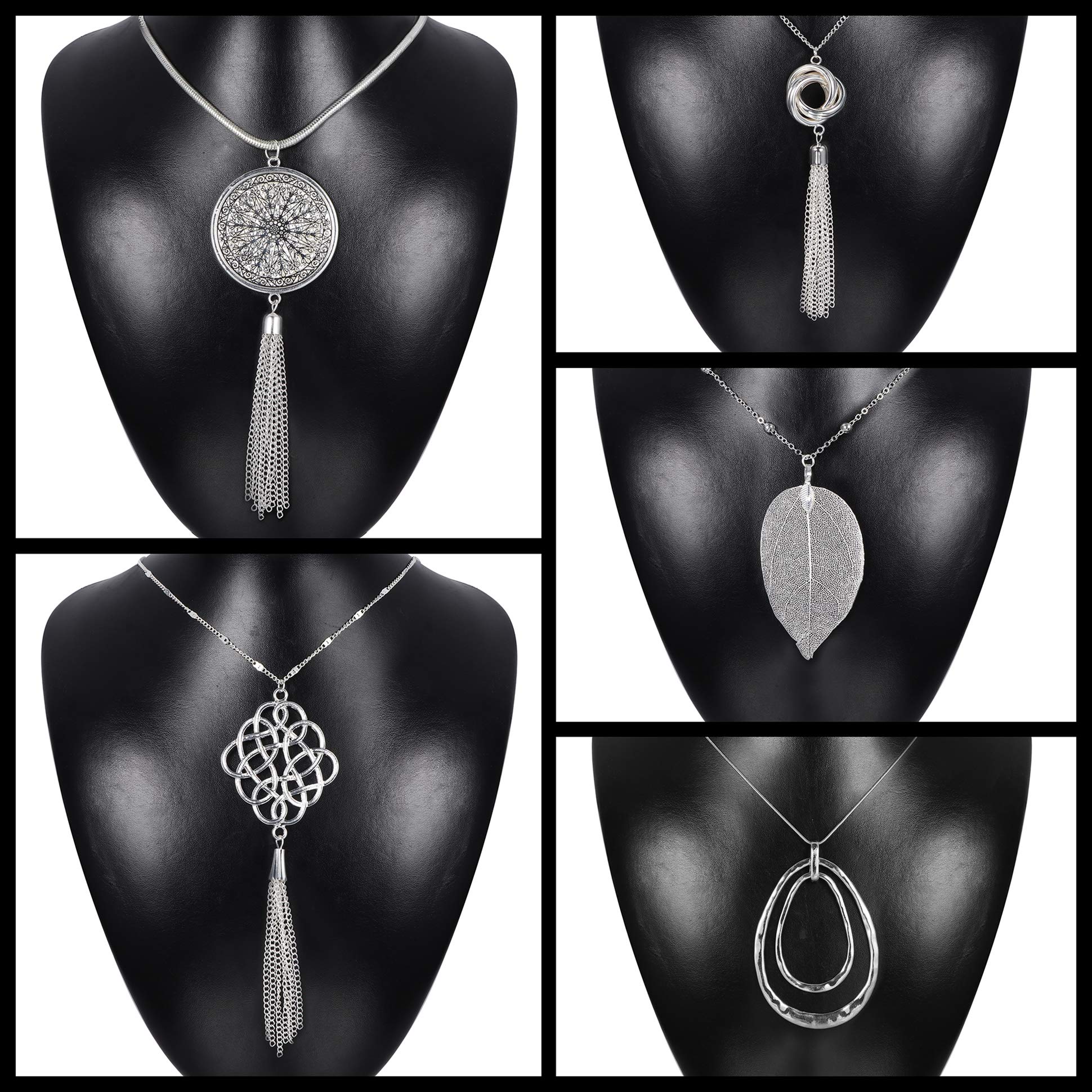 YADOCA 8 Pcs Long Pendant Necklaces for Women Y-Shaped Statement Sweater Necklace Simple Bar Leaf Circle Tassel Necklace Set Silver