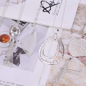 YADOCA 8 Pcs Long Pendant Necklaces for Women Y-Shaped Statement Sweater Necklace Simple Bar Leaf Circle Tassel Necklace Set Silver