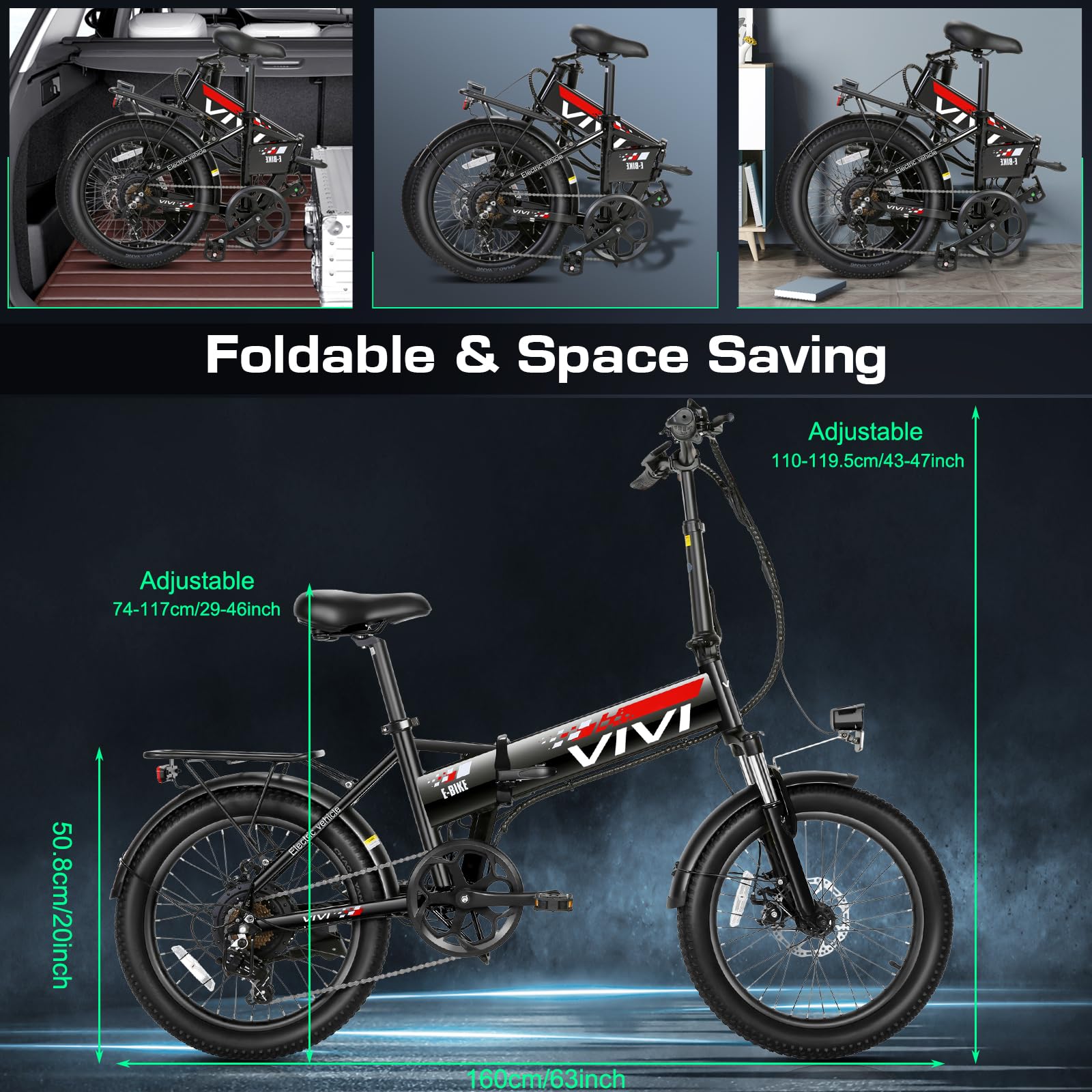 Vivi 20" Folding Electric Bike Folding Ebike Electric Bike for Adult, Foldable Electric Bikes Adult Electric Bicycles with 48V Removable Battery, Professional 7 Speed Electric Commuter Bike