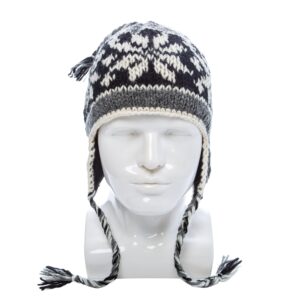 Hand Knit Sherpa Wool Unisex Hat with Micro Fleece Lining with Snowflake Pattern - Ear Flaps - Toque - Beanie (Black, White, Gray)