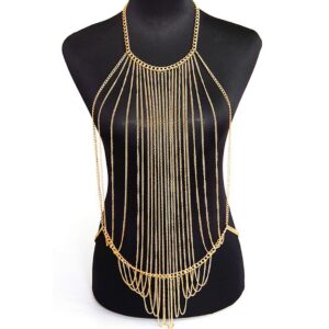 golden body chain vertical layered sexy gold tassels, diamond necklace fashion jewelry belly chest bra hot bikini beach club party harness birthday anniversary holiday gifts for women ladies girl