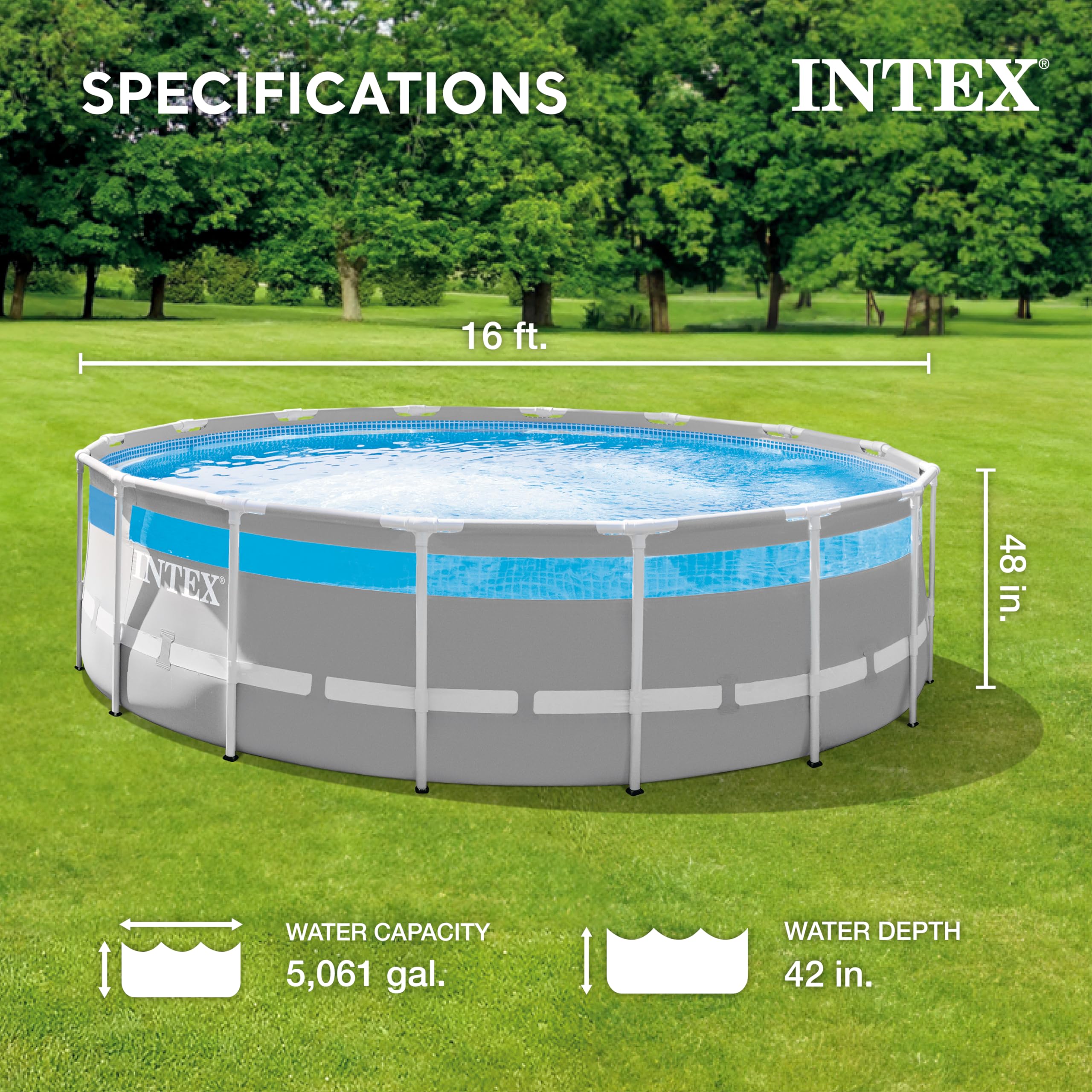 Intex 26729EH 16 Foot by 48 Inch Clearview Prism Frame Above Ground Swimming Pool with Filter Pump, Easy Set Up and fits up to 6 People