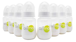 avima 4 oz anti colic baby bottle set - slow flow nipples included, standard neck, bpa free - newborn 0-3 months, stage 1 feeding for gas, spit up & colic (set of 8)