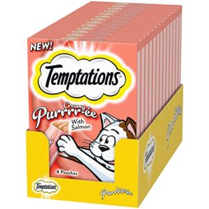 temptations creamy puree with salmon lickable, squeezable cat treats, 0.42oz pouches, 4 count (pack of 11)