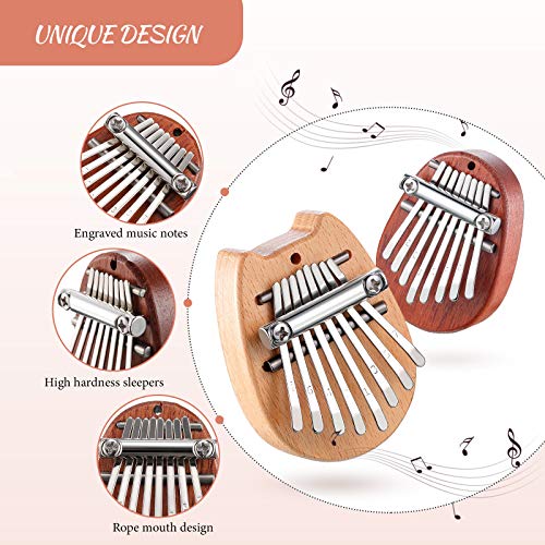 eBoot 10 Pieces 8 Keys Mini Piano Set Include Finger Thumb Piano with Lanyard Chain, Finger Protector and Cleaning Cloth Christmas Gift for Kids Adults Beginners(Oval, Cat Shaped, Wood)