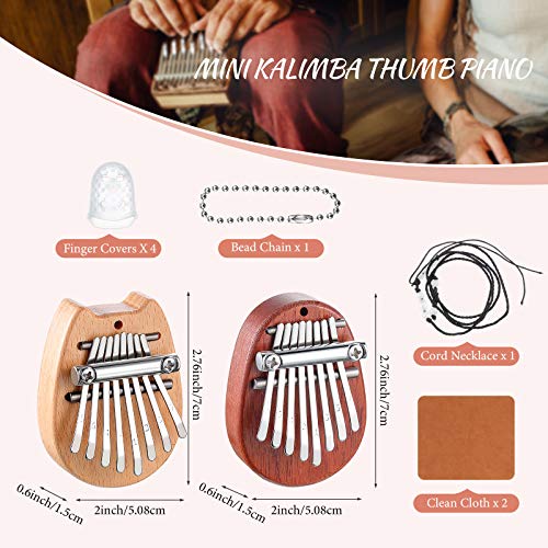 eBoot 10 Pieces 8 Keys Mini Piano Set Include Finger Thumb Piano with Lanyard Chain, Finger Protector and Cleaning Cloth Christmas Gift for Kids Adults Beginners(Oval, Cat Shaped, Wood)