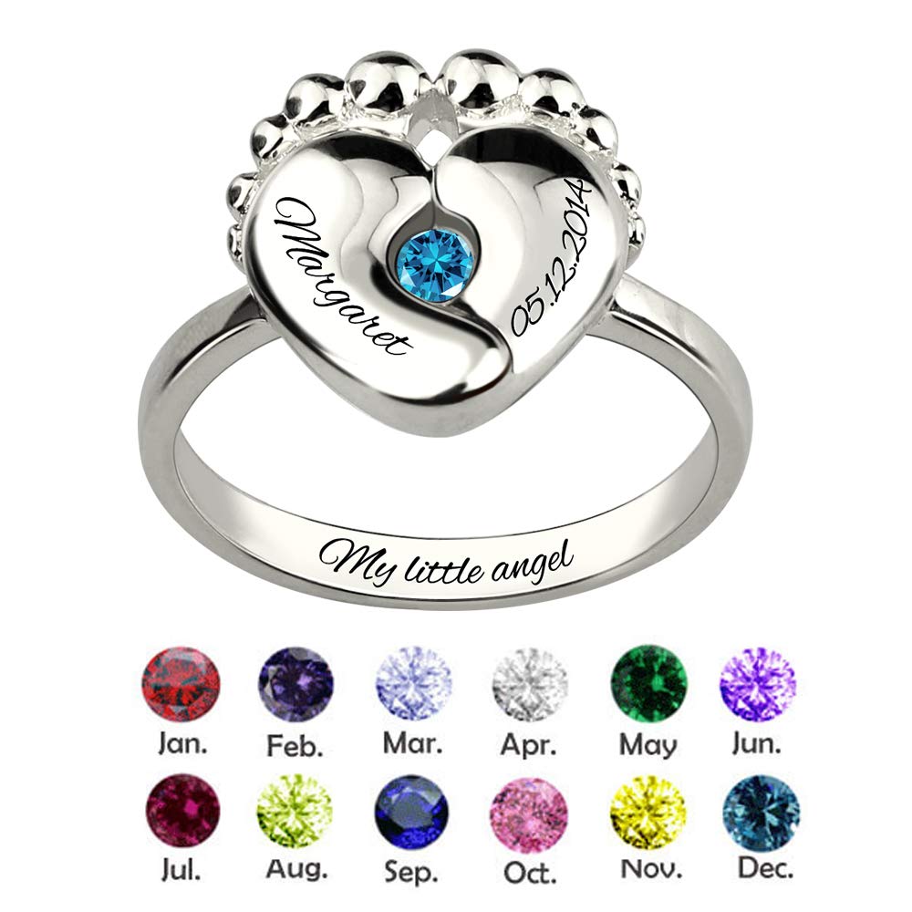 AILIN Personalized Mother Ring 925 Sterling Silver Custom Baby Feet Ring With Birthstone Engraved Name Mom Day Jewelry Birthday Gifts For Women