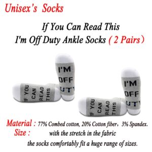 JXGZSO 2 Pairs Police Gift Socks Can Read This I'm Off Duty Thin Blue Line Gag Gift for Cop Policeman (Off Duty Blue Grey Ankle Socks)