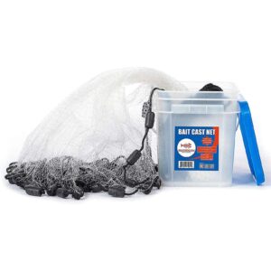 bassdash fishing cast net 3/8-inch mesh 4ft 6ft 8ft radius, 1-pound per foot, for bait fish with utility bucket (1/4” mesh x 4’ high (4.8lb))