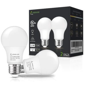 lohas a19 led light bulbs 75w equivalent, 12w led light bulb daylight white 5000k, 1200lm bright light bulb, energy efficient led light bulb, e26 base led light bulb, ul listed, non-dimmable, 2 pack