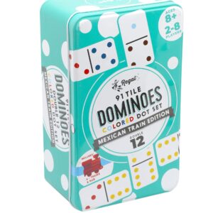 Regal Games â€“ Double 12 Dominoes â€“ Colored Dots Set â€“ Mexican Train Edition Set with, 91 Tiles, 4 Trains, Hub, & Collector's Tin - 2-8 Players Ages 8+ for Kids & Adults