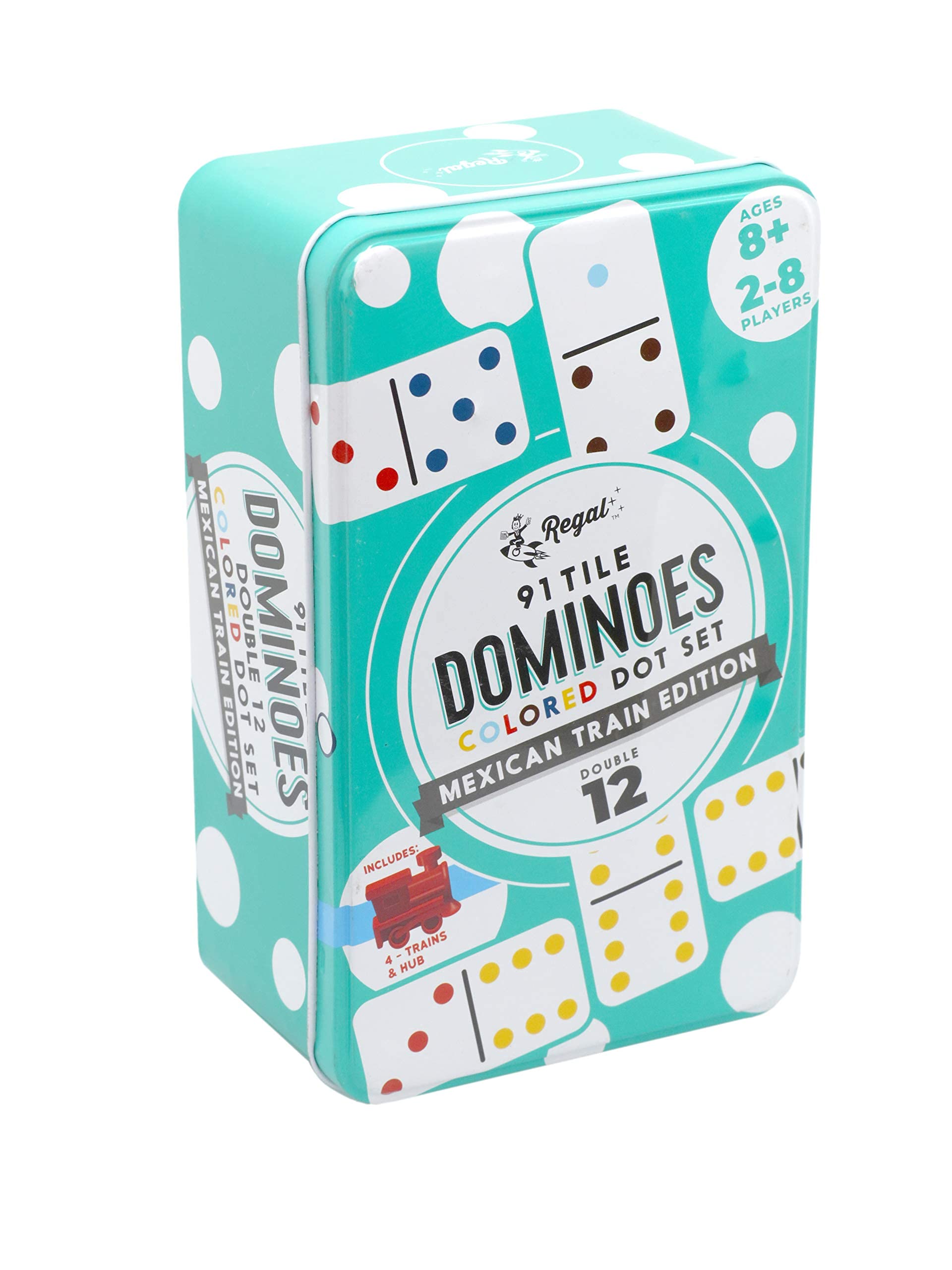 Regal Games â€“ Double 12 Dominoes â€“ Colored Dots Set â€“ Mexican Train Edition Set with, 91 Tiles, 4 Trains, Hub, & Collector's Tin - 2-8 Players Ages 8+ for Kids & Adults