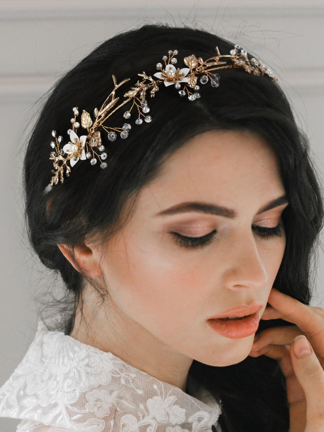 SWEETV Gold Wedding Headband Flower-Leaf Bridal Headpieces for Wedding Hair Accessories for Brides Crystal Pearl Hair Vine