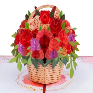 paper love valentines day pop up card, 3d love basket - 5" x 7" cover - includes envelope and note card