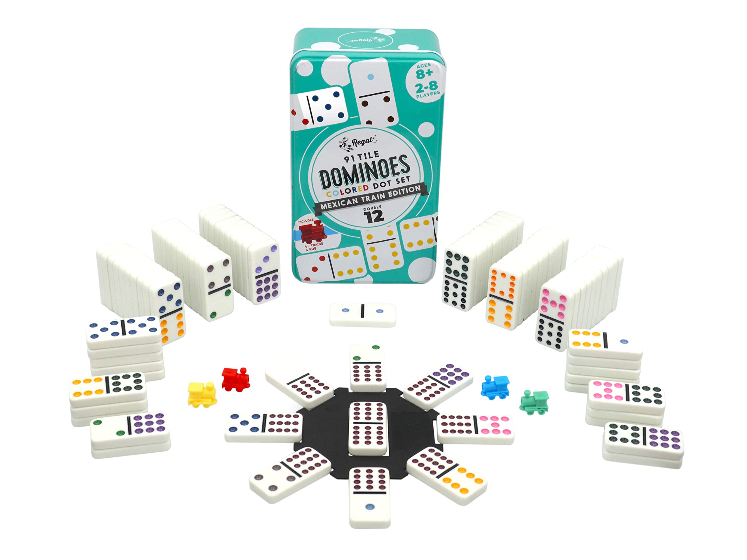 Regal Games â€“ Double 12 Dominoes â€“ Colored Dots Set â€“ Mexican Train Edition Set with, 91 Tiles, 4 Trains, Hub, & Collector's Tin - 2-8 Players Ages 8+ for Kids & Adults