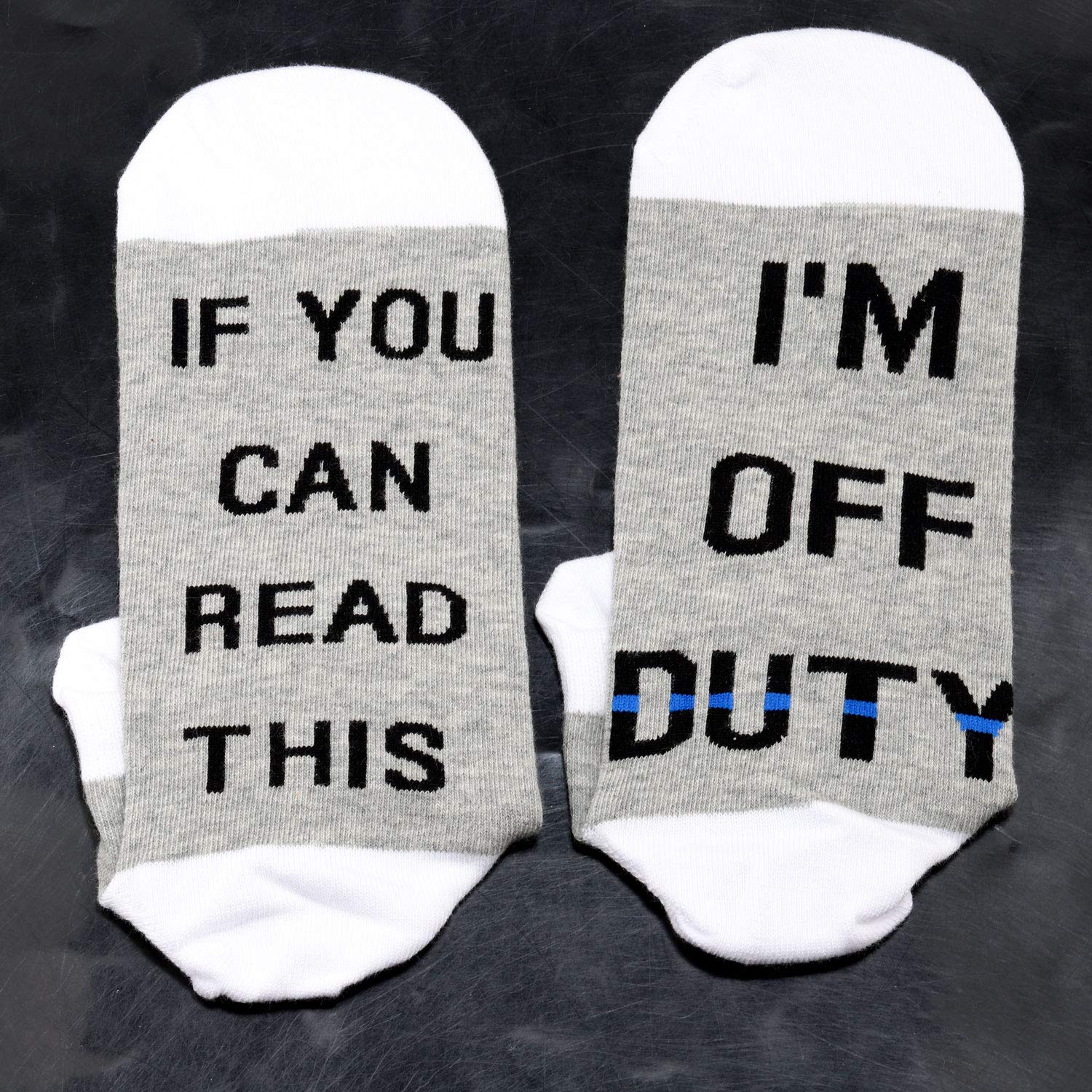 JXGZSO 2 Pairs Police Gift Socks Can Read This I'm Off Duty Thin Blue Line Gag Gift for Cop Policeman (Off Duty Blue Grey Ankle Socks)