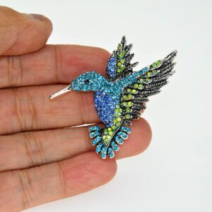 HAFILO Hummingbird brooch pins for women fashion Bird pins rhinestone women's brooches pin (Ancient Silver Blue Green)