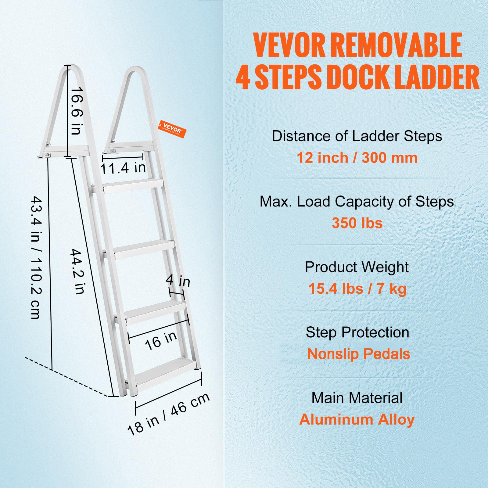 VEVOR Removable Dock Ladder 4 Step, Pontoon Boat Ladder with Mounting Hardware,Aluminum Swim Ladder with Nonslip Design, Each Step 16" x 4", 350Lbs Load, for Lake, Marine Boarding, Pool