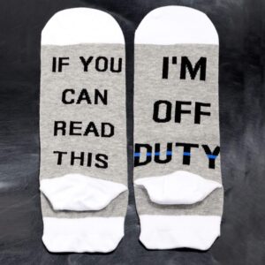 JXGZSO 2 Pairs Police Gift Socks Can Read This I'm Off Duty Thin Blue Line Gag Gift for Cop Policeman (Off Duty Blue Grey Ankle Socks)